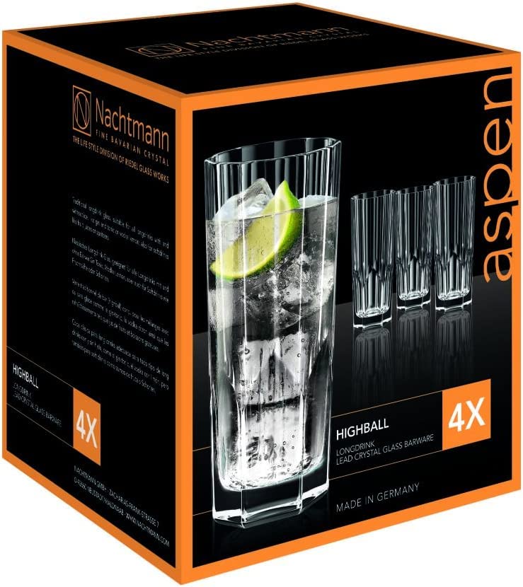 Nachtmann Aspen Collection Highball Glasses, Set of 4, Long Drink Glass, 11- ounce Tall Drinking Glassware, for Mix Drinks and Cocktails, Made of Crystal Glass, Clear, Dishwasher Safe