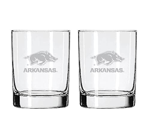 2-Sided, Etched Satin Finish, Rock (or Whiskey) Glass - Set of 2 (Arkansas Razorbacks)