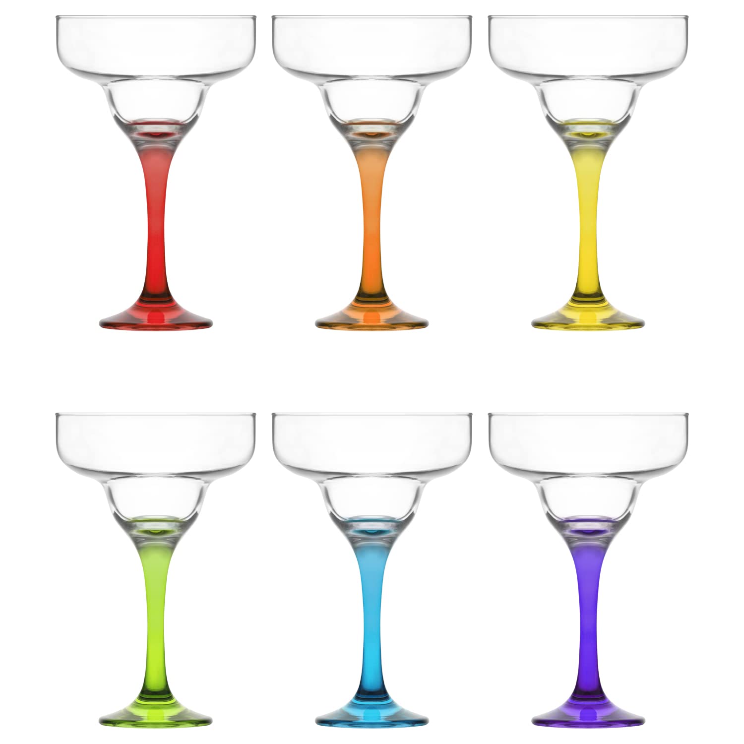 lav Margarita Glasses Set of 6 - Margarita Cocktail Glasses 10.25 oz - Multi Colored and Clear Stems Set of 6 - Classic Cocktail Drinking Glasses for Frozen Drinks