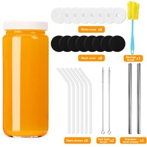 CUCUMI 8pcs 16oz Glass Juice Bottles with Lids, Reusable Juice Containers Drinking Jars Water Cups with Brush, Glass Straws, Lids with Hole and Blank Labels