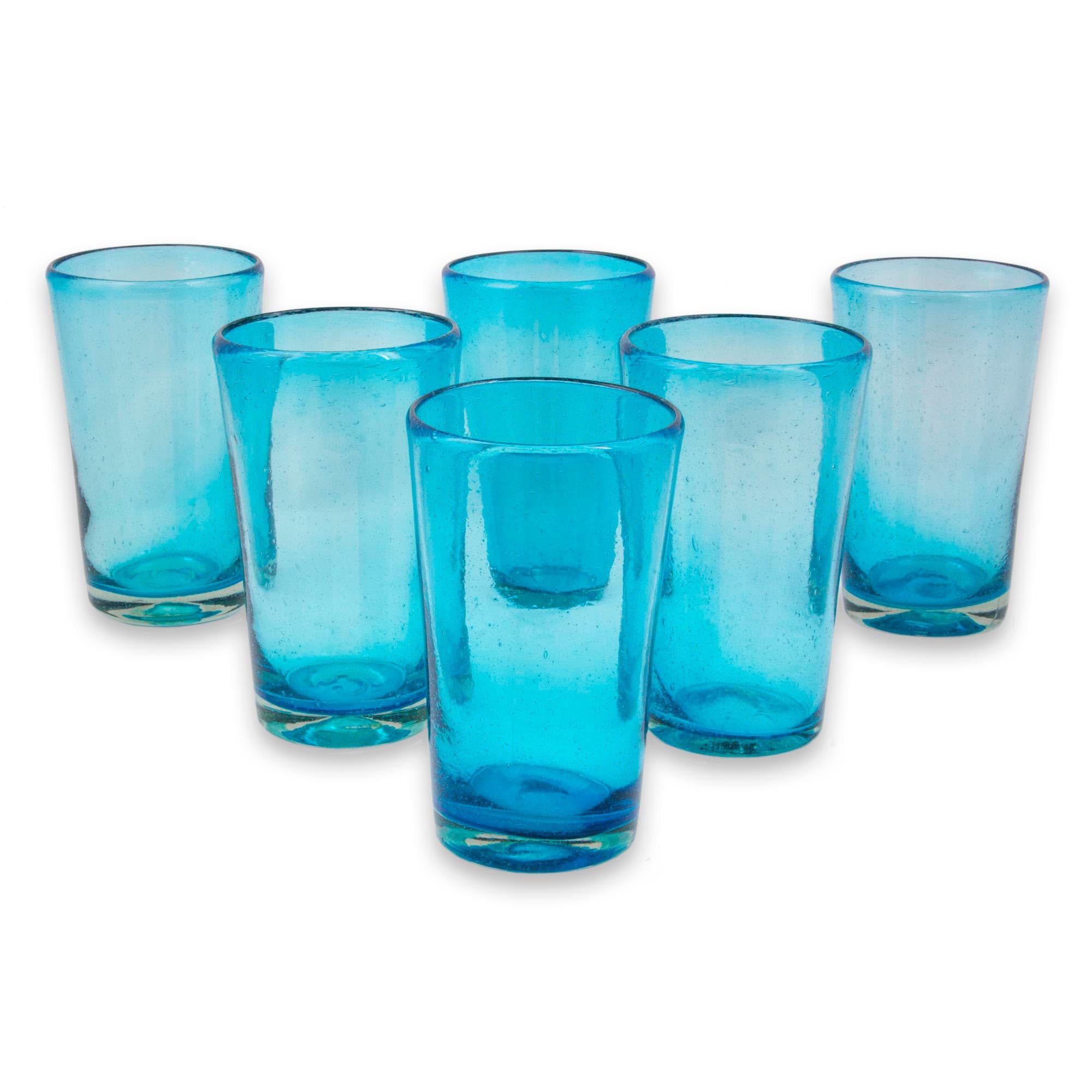 NOVICA Artisan Handblown Glass Tumblers Aquamarine Blue Mexico Tableware Drinkware Water Recycled 'Aquamarine Bubbles'(Set of 6)