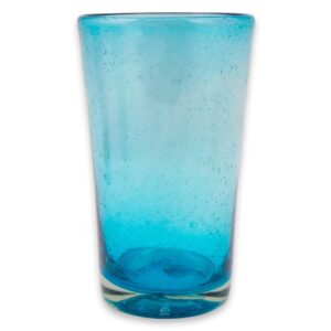 NOVICA Artisan Handblown Glass Tumblers Aquamarine Blue Mexico Tableware Drinkware Water Recycled 'Aquamarine Bubbles'(Set of 6)