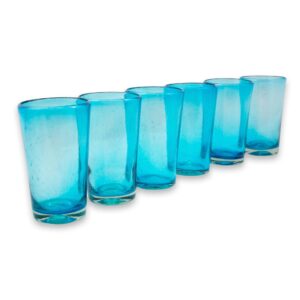 NOVICA Artisan Handblown Glass Tumblers Aquamarine Blue Mexico Tableware Drinkware Water Recycled 'Aquamarine Bubbles'(Set of 6)