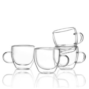 zoneyila double wall glass coffee mugs set of 4-6 oz insulated coffee cups - clear glass drinkware with handle for double espresso, cappuccino, latte, hot/cold beverages