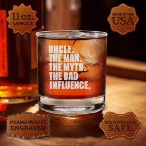 shop4ever® Uncle. The Man. The Myth. The Bad Influence. Engraved Whiskey Glass Uncle Birthday Gift