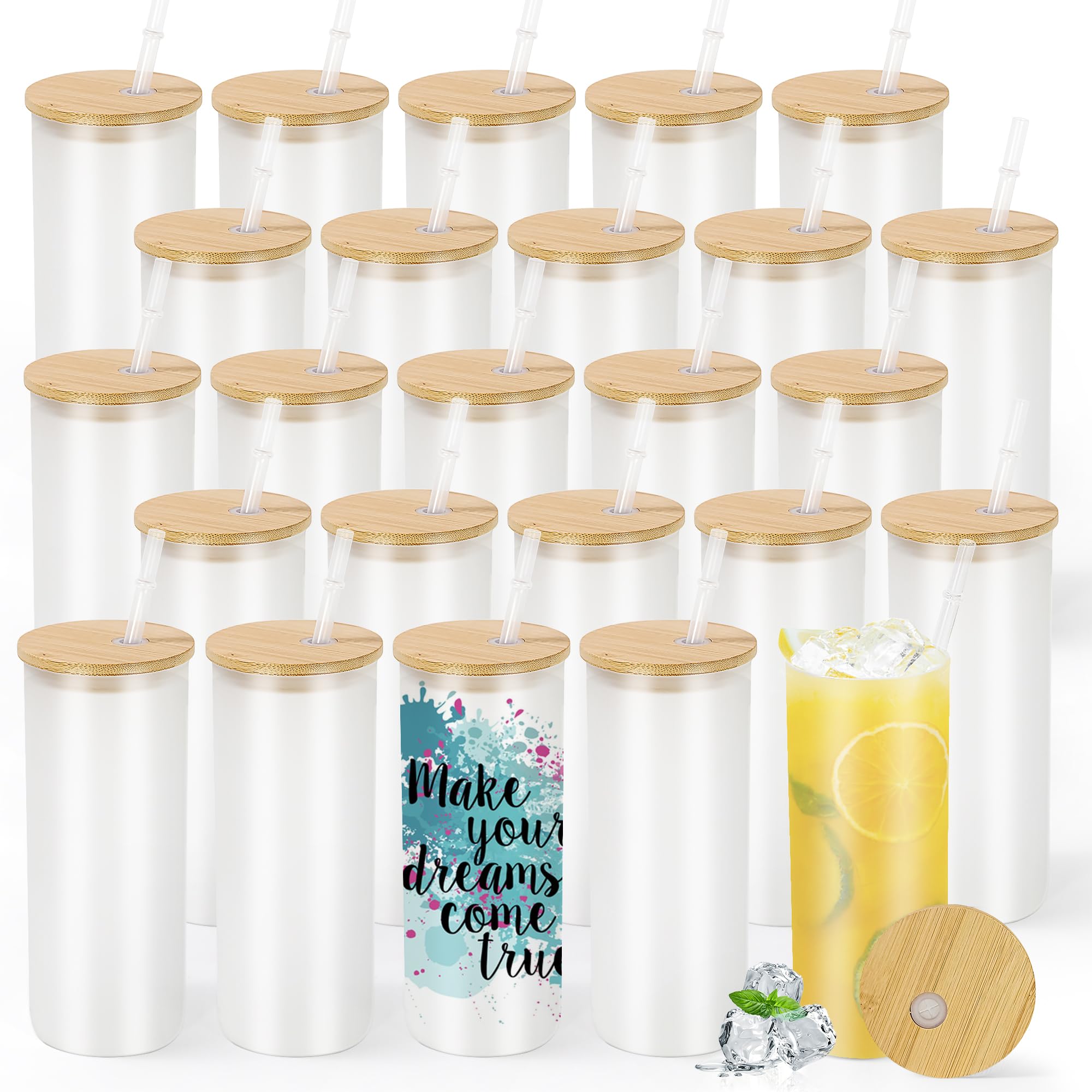 AGH 25 Pack Sublimation Glass Blanks with Bamboo Lids and Straws 25 oz Frosted Sublimation Glass Cups Straight Skinny Sublimation Beer Can Glass Tumbler for Iced Coffee, Juice, Soda