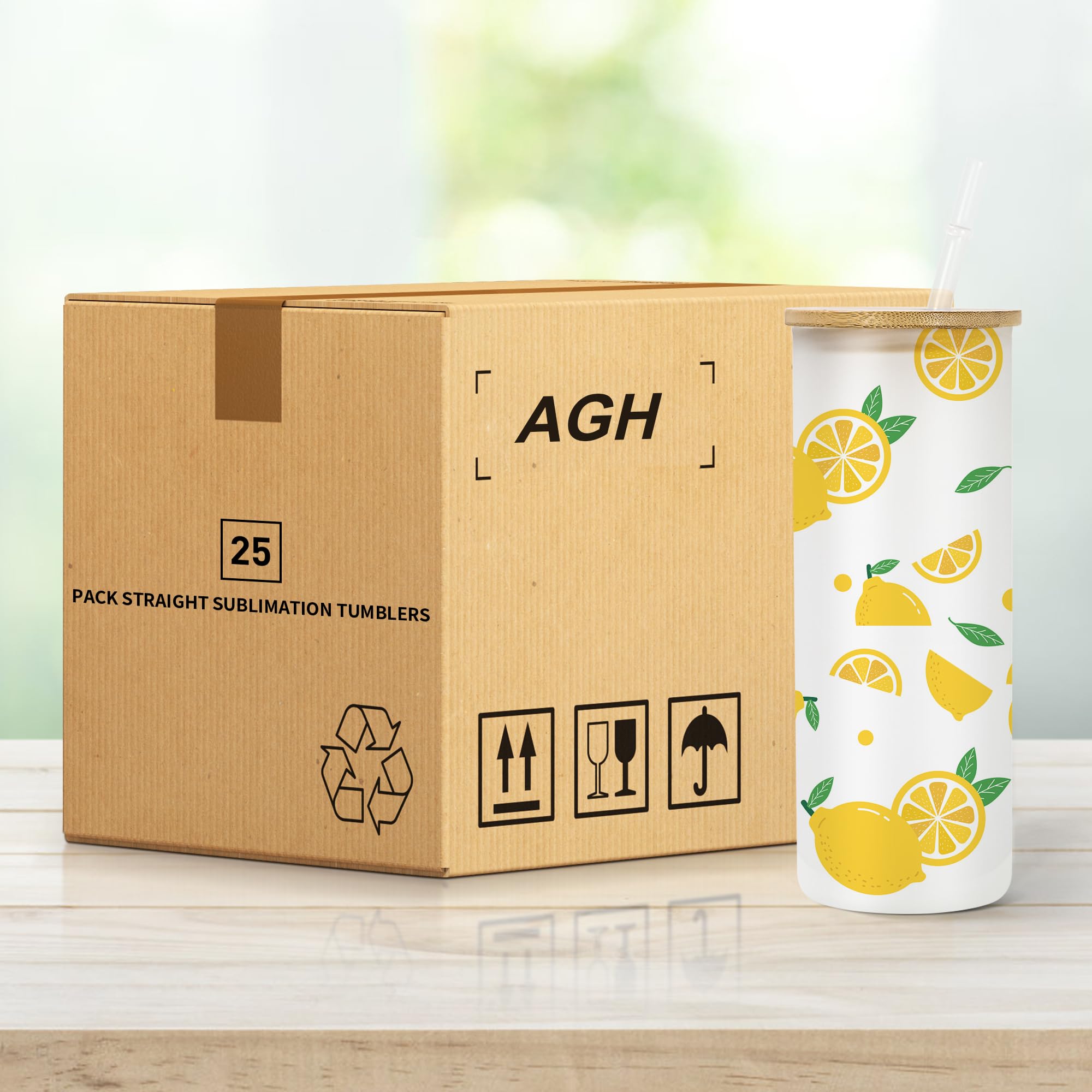 AGH 25 Pack Sublimation Glass Blanks with Bamboo Lids and Straws 25 oz Frosted Sublimation Glass Cups Straight Skinny Sublimation Beer Can Glass Tumbler for Iced Coffee, Juice, Soda