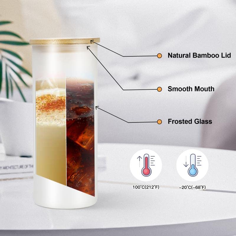 AGH 25 Pack Sublimation Glass Blanks with Bamboo Lids and Straws 25 oz Frosted Sublimation Glass Cups Straight Skinny Sublimation Beer Can Glass Tumbler for Iced Coffee, Juice, Soda