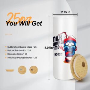 AGH 25 Pack Sublimation Glass Blanks with Bamboo Lids and Straws 25 oz Frosted Sublimation Glass Cups Straight Skinny Sublimation Beer Can Glass Tumbler for Iced Coffee, Juice, Soda