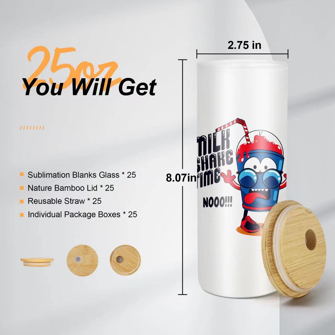 AGH 25 Pack Sublimation Glass Blanks with Bamboo Lids and Straws 25 oz Frosted Sublimation Glass Cups Straight Skinny Sublimation Beer Can Glass Tumbler for Iced Coffee, Juice, Soda