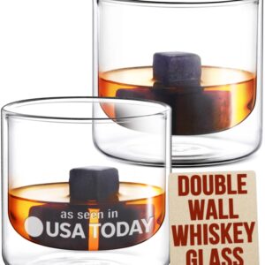 Eparé Whiskey Glasses Set of 2-9 oz Double Wall Bourbon Rock Glass - Neat Whisky Bar Glassware - Scotch Old Fashioned or Liquor Cocktail Tumblers