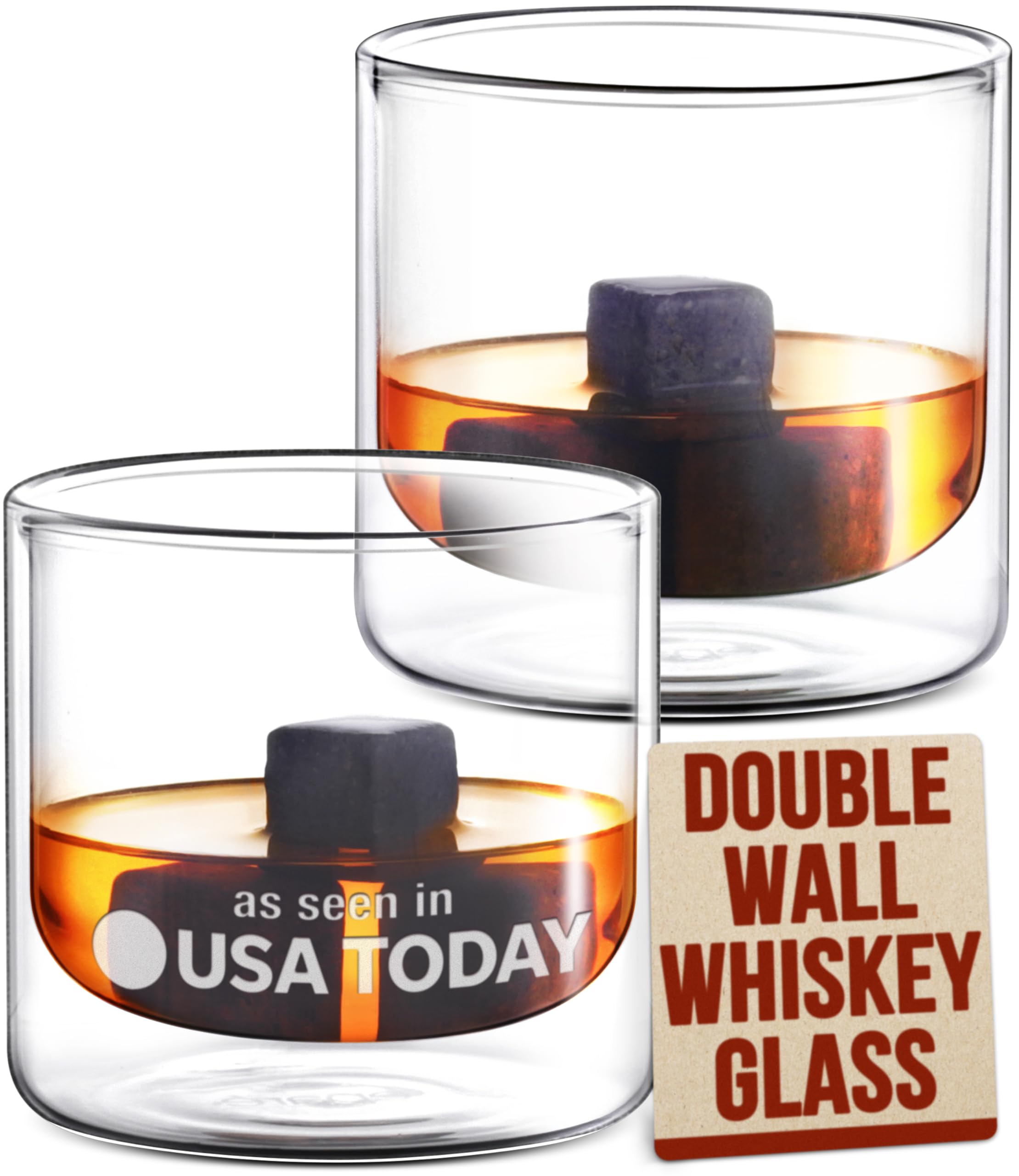 Eparé Whiskey Glasses Set of 2-9 oz Double Wall Bourbon Rock Glass - Neat Whisky Bar Glassware - Scotch Old Fashioned or Liquor Cocktail Tumblers