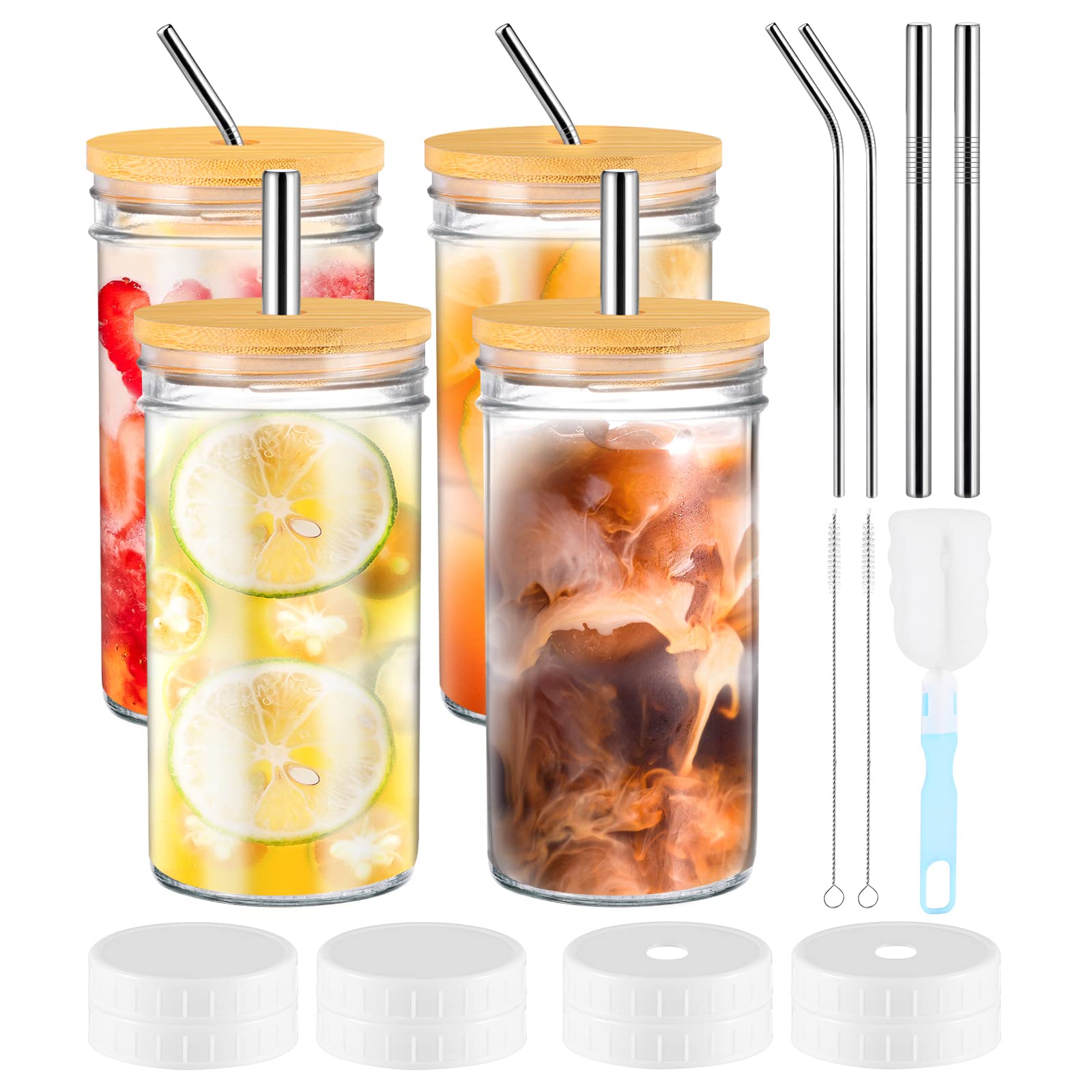 Qmioti 4 Pack Mason Jar with Lid and Straw, 22oz Wide Mouth Glass Cups, Reusable Drinking Glasses for Coffee, Juicing, Bubble Tea, Smoothie