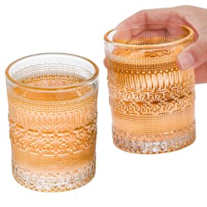 Coloch 6 Pack 11 Oz Romanstic Drinking Glasses, Embossed Water Glasses Vintage Heavy Base Whiskey Glasses Clear Glass Tumblers for Juice, Beverages, Cocktail, Coffee, Bar, Restaurant, Kitchen