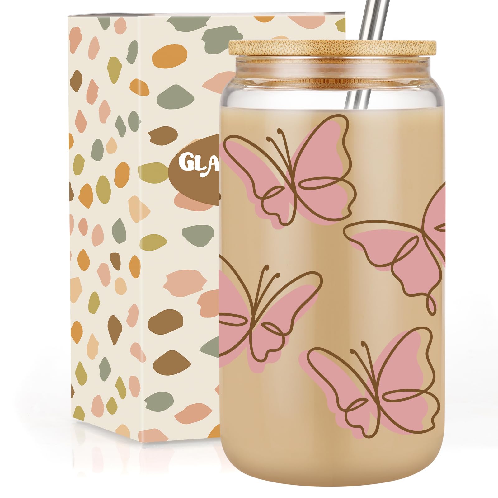 GSPY Butterfly Iced Coffee Cup, Cute Glass Cups with Lids and Straws - Butterfly Gifts for Women, Girls - Mothers Day Gifts for Friend, Cute Mugs Aesthetic Coffee Cup, Butterfly Mug Tumbler