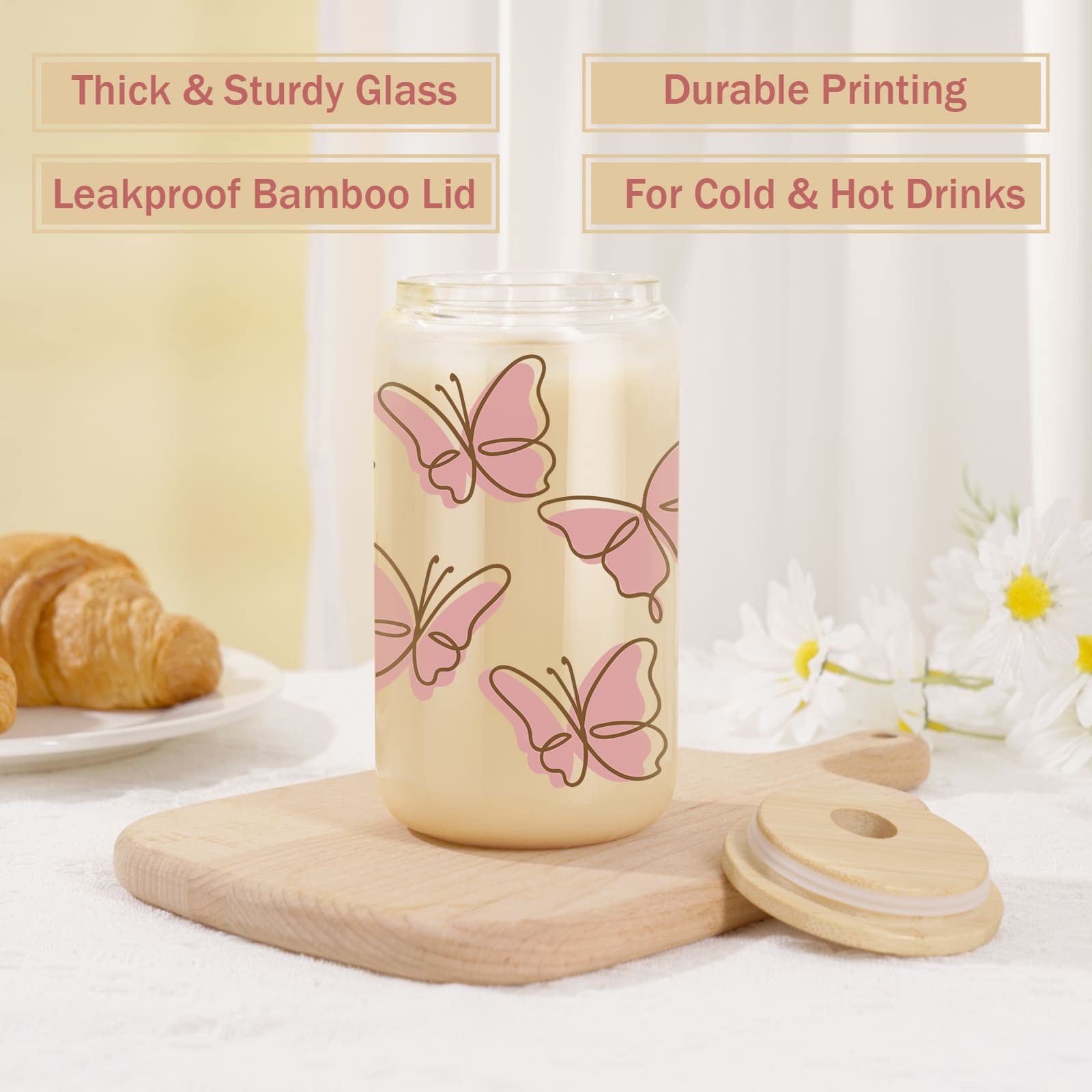 GSPY Butterfly Iced Coffee Cup, Cute Glass Cups with Lids and Straws - Butterfly Gifts for Women, Girls - Mothers Day Gifts for Friend, Cute Mugs Aesthetic Coffee Cup, Butterfly Mug Tumbler