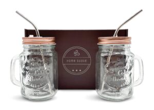 home suave - gift box with set of 2 mason jar mugs with handle, regular mouth colorful lids with 2 reusable stainless steel straw, set of 2 (rose gold), kitchen glass 16 oz tumblers, dishwasher safe