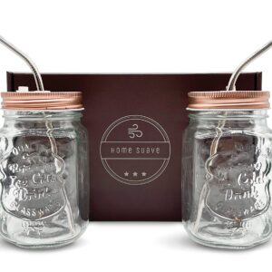 Home Suave - Gift Box with Set of 2 Mason Jar Mugs with Handle, Regular Mouth Colorful Lids with 2 Reusable Stainless Steel Straw, Set of 2 (Rose Gold), Kitchen GLASS 16 oz tumblers, Dishwasher Safe