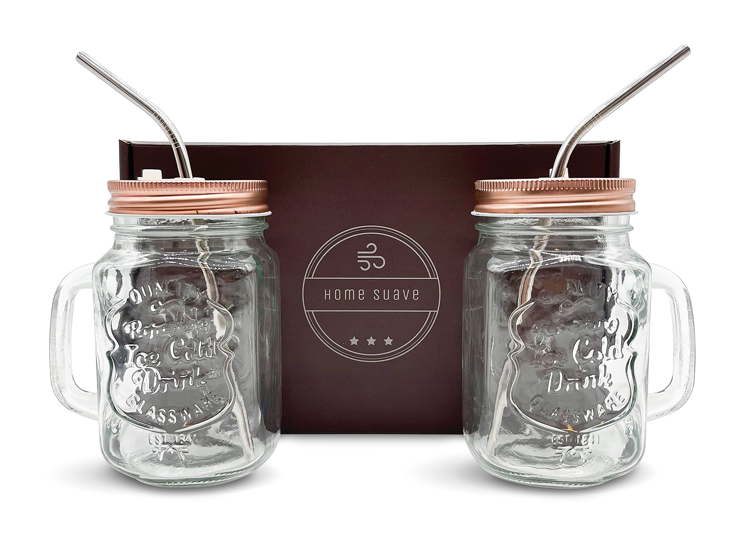 Home Suave - Gift Box with Set of 2 Mason Jar Mugs with Handle, Regular Mouth Colorful Lids with 2 Reusable Stainless Steel Straw, Set of 2 (Rose Gold), Kitchen GLASS 16 oz tumblers, Dishwasher Safe