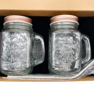 Home Suave - Gift Box with Set of 2 Mason Jar Mugs with Handle, Regular Mouth Colorful Lids with 2 Reusable Stainless Steel Straw, Set of 2 (Rose Gold), Kitchen GLASS 16 oz tumblers, Dishwasher Safe