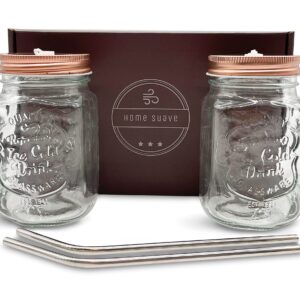 Home Suave - Gift Box with Set of 2 Mason Jar Mugs with Handle, Regular Mouth Colorful Lids with 2 Reusable Stainless Steel Straw, Set of 2 (Rose Gold), Kitchen GLASS 16 oz tumblers, Dishwasher Safe