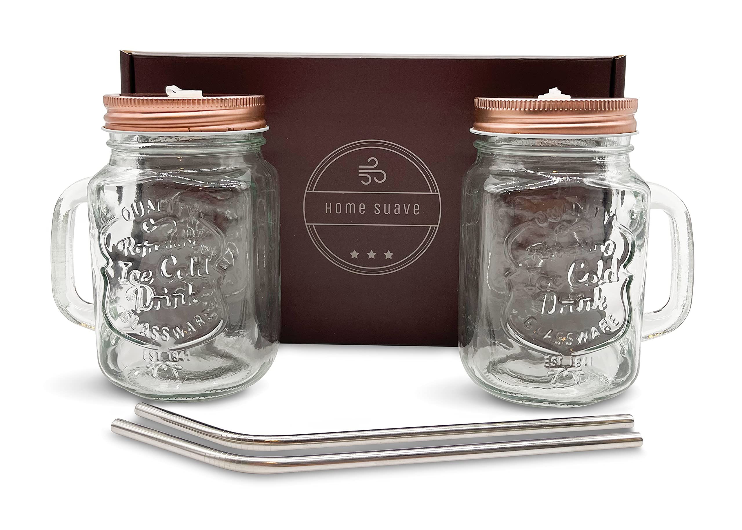 Home Suave - Gift Box with Set of 2 Mason Jar Mugs with Handle, Regular Mouth Colorful Lids with 2 Reusable Stainless Steel Straw, Set of 2 (Rose Gold), Kitchen GLASS 16 oz tumblers, Dishwasher Safe