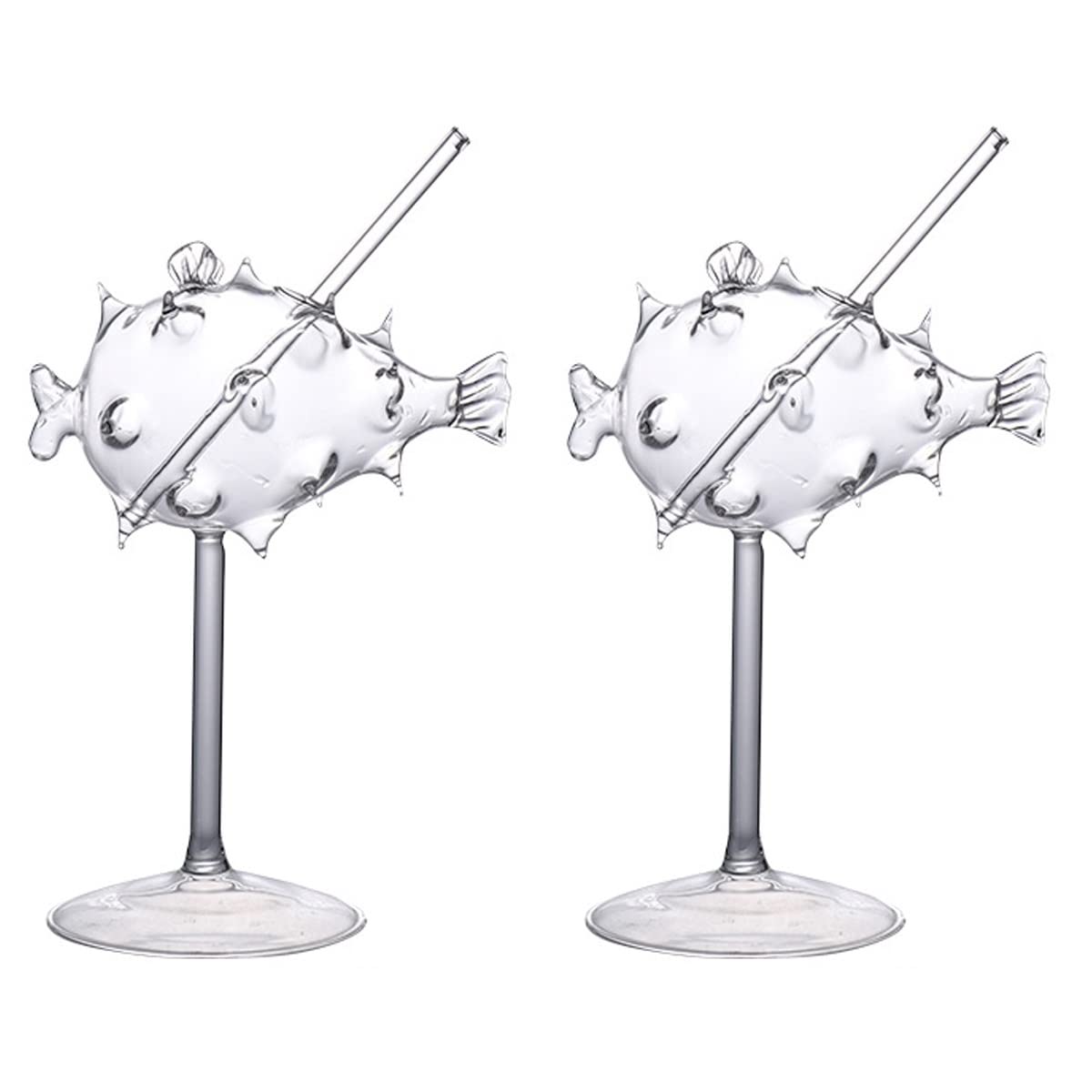 Angoily Creative Puffer Fish Cocktail Glasses Set of 2, Clear Puffer Fish Shaped Drinks Cups 280ml Wine Glasses for Party Novelty Mushroom Glasses Drinking for KTV Bar Club Restaurant