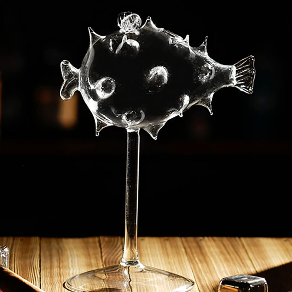 Angoily Creative Puffer Fish Cocktail Glasses Set of 2, Clear Puffer Fish Shaped Drinks Cups 280ml Wine Glasses for Party Novelty Mushroom Glasses Drinking for KTV Bar Club Restaurant