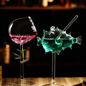 Angoily Creative Puffer Fish Cocktail Glasses Set of 2, Clear Puffer Fish Shaped Drinks Cups 280ml Wine Glasses for Party Novelty Mushroom Glasses Drinking for KTV Bar Club Restaurant