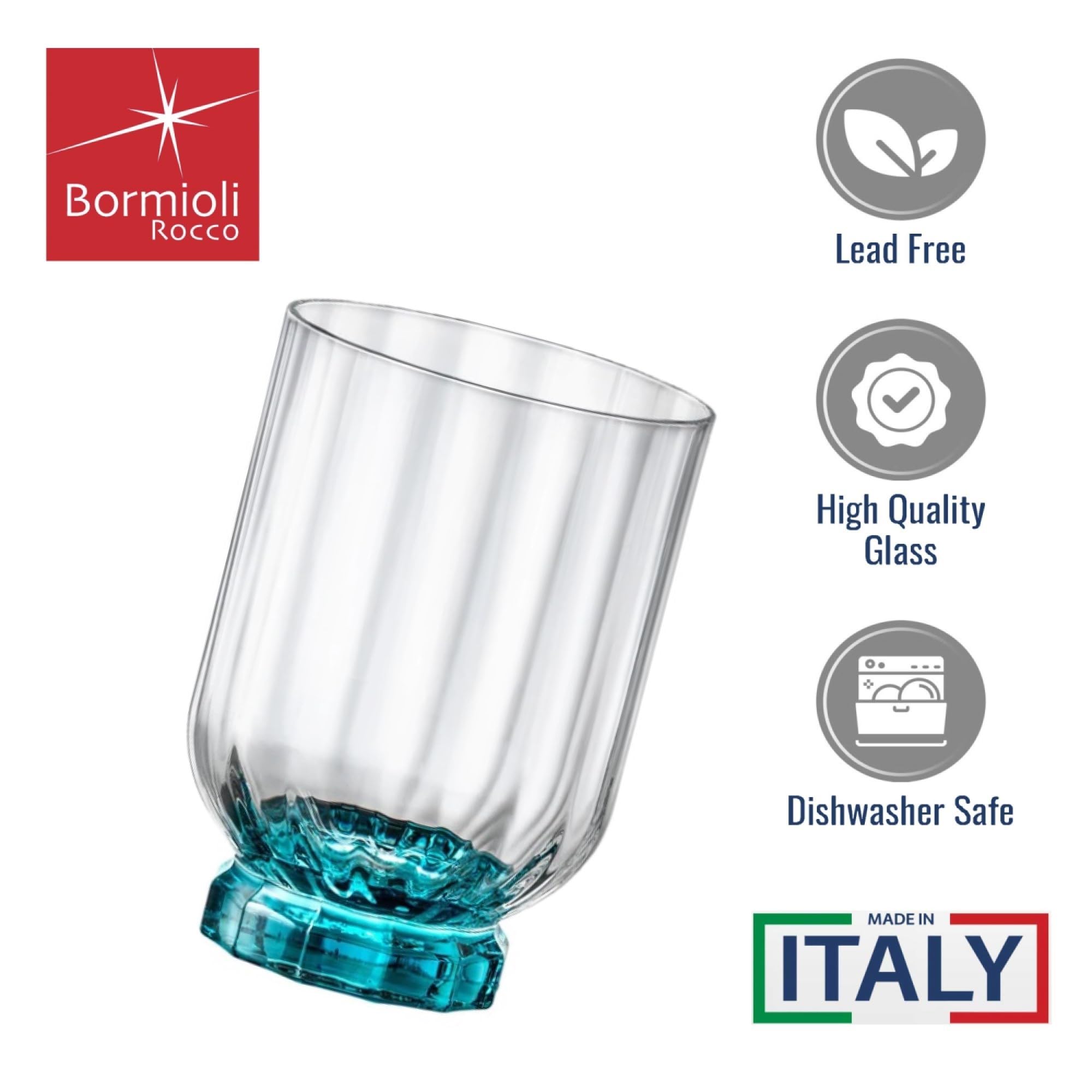 Bormioli Rocco Florian 12.6 oz. Double Old Fashioned DOF Glasses, Lucent Blue, Set of 4