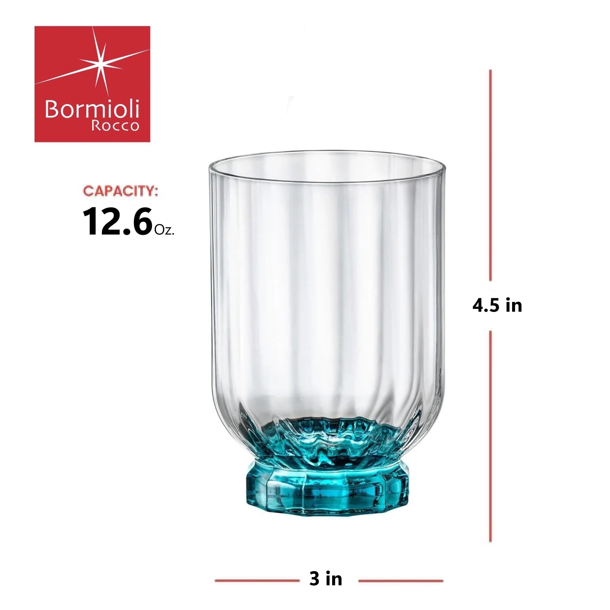 Bormioli Rocco Florian 12.6 oz. Double Old Fashioned DOF Glasses, Lucent Blue, Set of 4