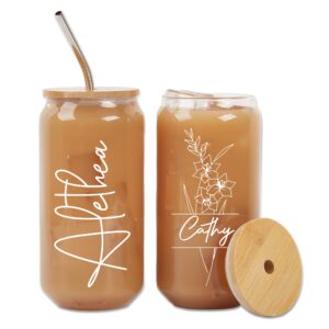 mostop personalized iced coffee glass with lids and straws, can glass cups, custom birth flower tumbler, mother's day gift birthday gifts, gifts for her girlfriend bachelorette party