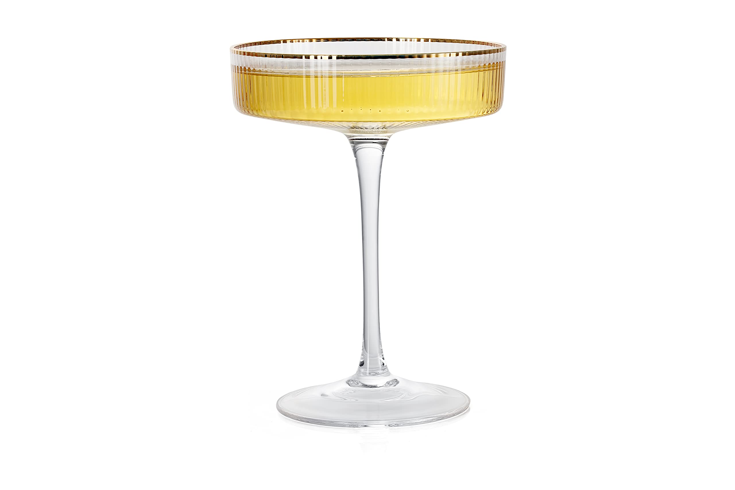 Ribbed Coupe Glasses With Gold Rim, For Martini, Champagne, Cocktails | Set of 4 | 8 oz Classic Manhattan Glasses Speakeasy Cocktail, Ripple Coupes Glasses, Art Deco Gatsby Vintage, Crystal Stemmed