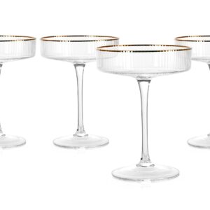 Ribbed Coupe Glasses With Gold Rim, For Martini, Champagne, Cocktails | Set of 4 | 8 oz Classic Manhattan Glasses Speakeasy Cocktail, Ripple Coupes Glasses, Art Deco Gatsby Vintage, Crystal Stemmed