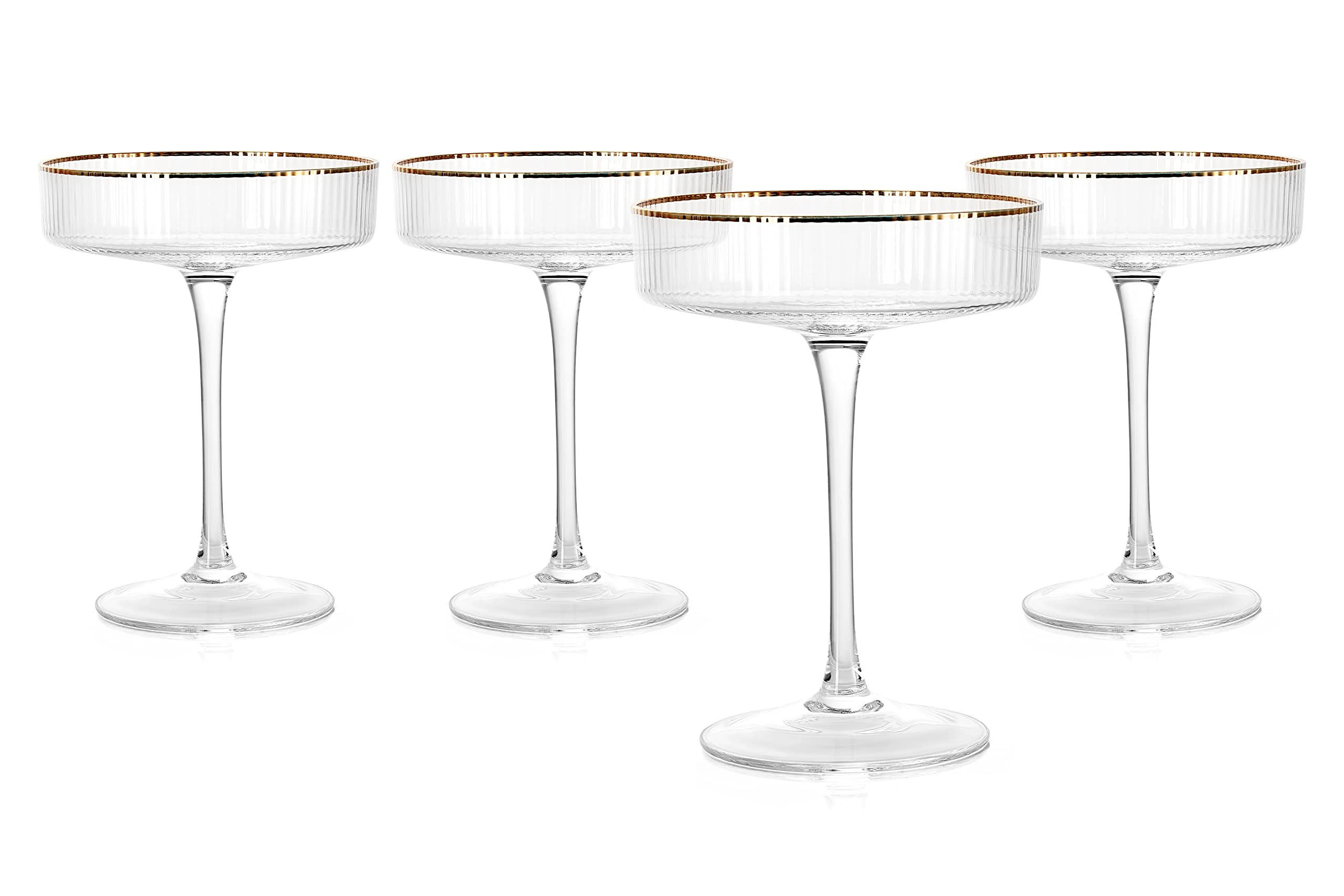 Ribbed Coupe Glasses With Gold Rim, For Martini, Champagne, Cocktails | Set of 4 | 8 oz Classic Manhattan Glasses Speakeasy Cocktail, Ripple Coupes Glasses, Art Deco Gatsby Vintage, Crystal Stemmed