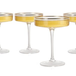 Ribbed Coupe Glasses With Gold Rim, For Martini, Champagne, Cocktails | Set of 4 | 8 oz Classic Manhattan Glasses Speakeasy Cocktail, Ripple Coupes Glasses, Art Deco Gatsby Vintage, Crystal Stemmed