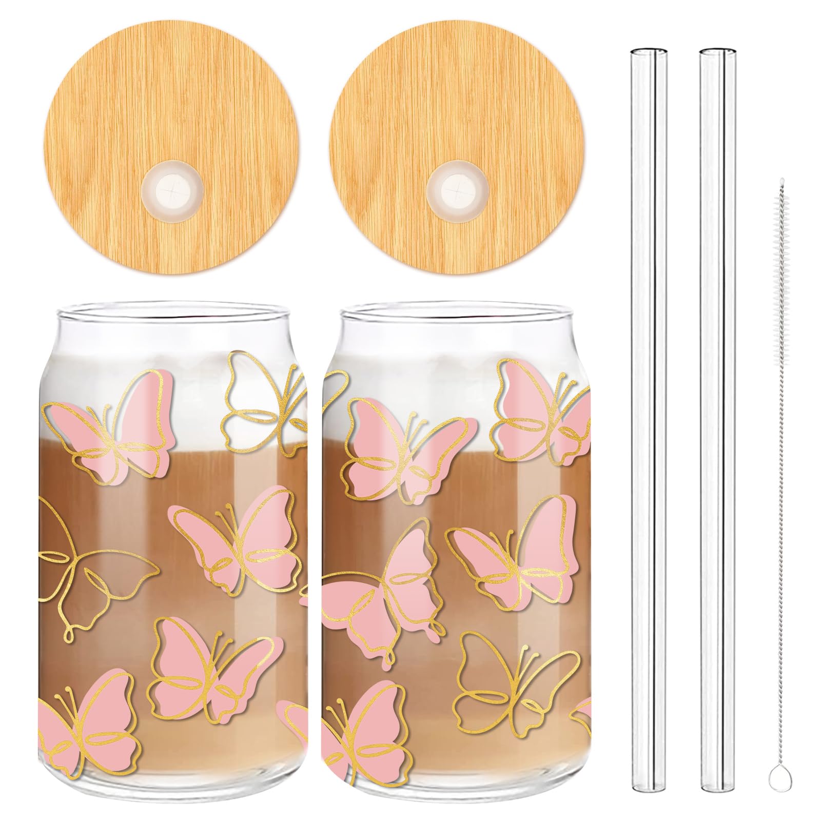 Whaline Butterfly Glass Cups with Bamboo Lids and Straws Gold Line Butterfly Drinking Glasses 16oz Pink White Ice Coffee Cup for Cocktails Whiskey Beer Soda Gifts, 2 Pack