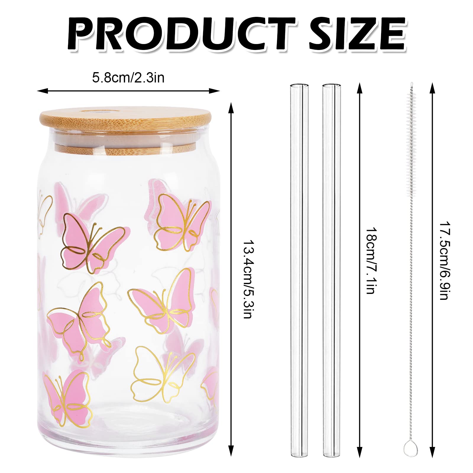 Whaline Butterfly Glass Cups with Bamboo Lids and Straws Gold Line Butterfly Drinking Glasses 16oz Pink White Ice Coffee Cup for Cocktails Whiskey Beer Soda Gifts, 2 Pack