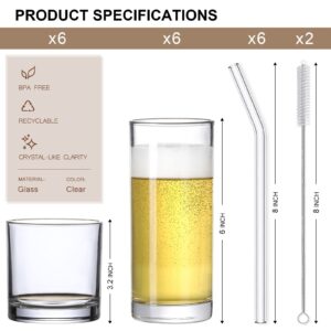 12-Pack 12oz Glass Cups with Straws, Drinkware Glasses Set for Water, Coffee, Cocktails