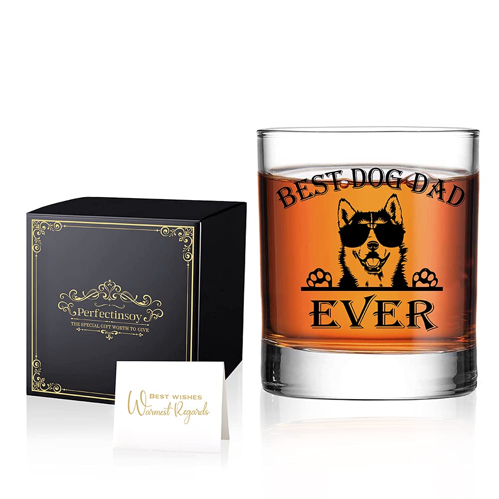 Perfectinsoy Dog Dad Ever Whiskey Glass with Gift Box, Cute Husky Dog Themed, Dog Lover Gifts for Him, Dog Dads, Dad, Grandpa, Uncle, Brothers, Husband, Whiskey Glass Gift for Dog Lovers …