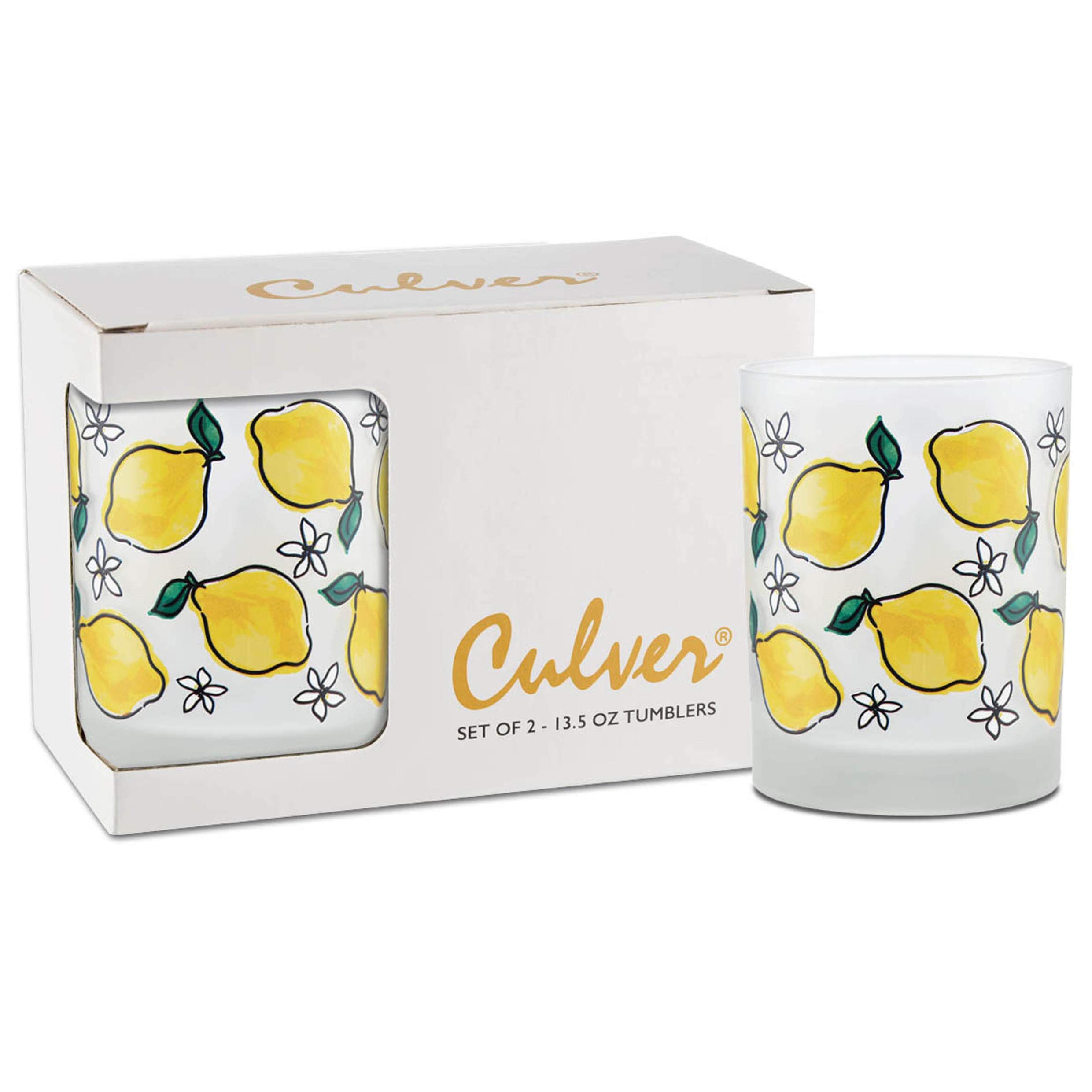 Culver Everyday Decorated Frosted Double Old Fashioned Tumbler Glasses, 13.5-Ounce, Gift Boxed Set of 2 (All Over Lemons)