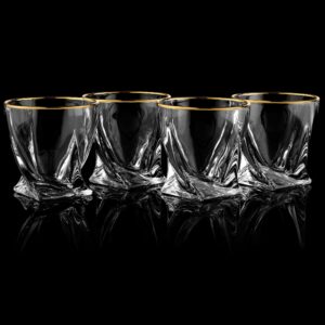 Twisted Whiskey Glasses Set of 4 with 24K Gold Rim | Bar Glasses | Old Fashioned Tumblers | Lowball Glasses | Rocks Glasses | 10 OZ Drinking Glass