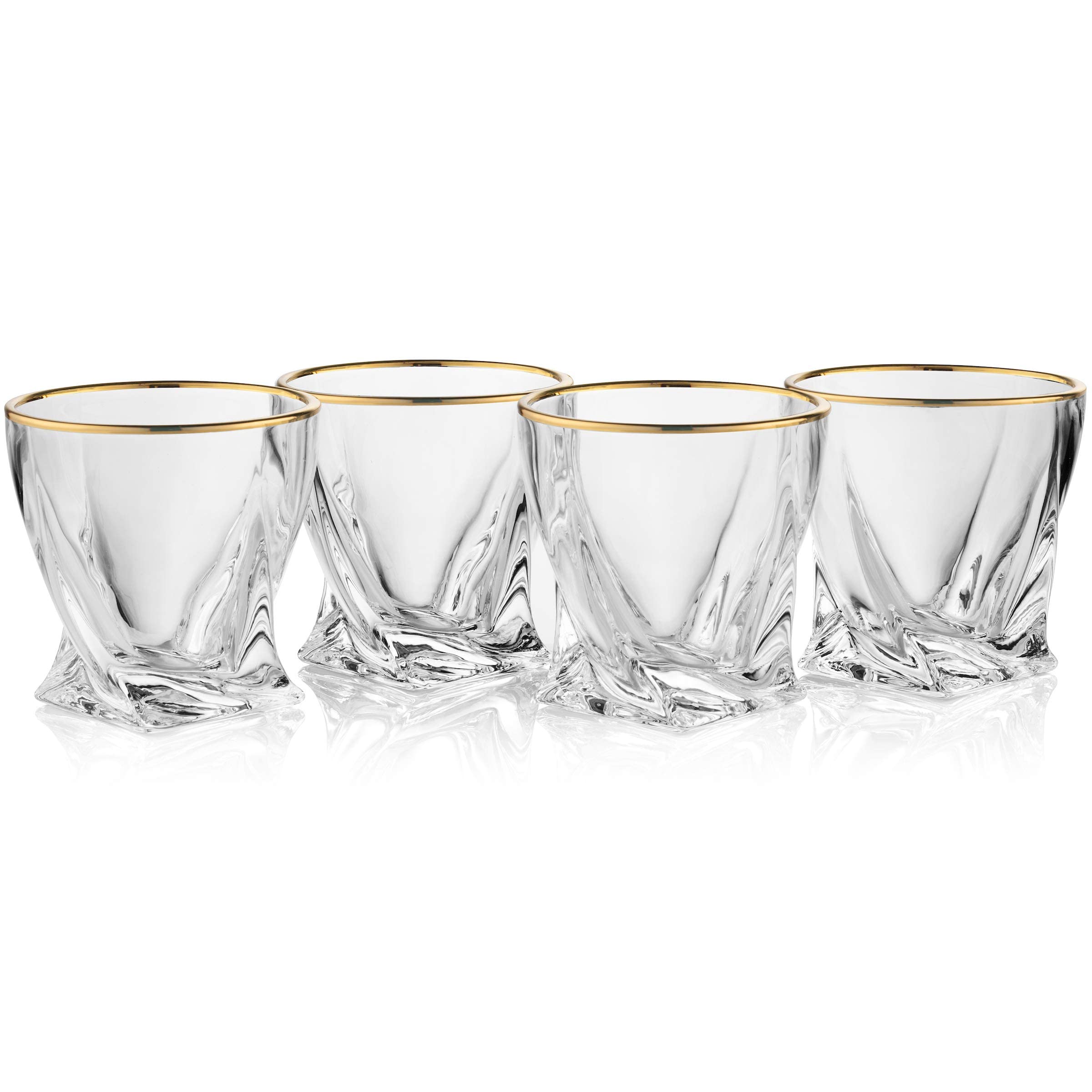 Twisted Whiskey Glasses Set of 4 with 24K Gold Rim | Bar Glasses | Old Fashioned Tumblers | Lowball Glasses | Rocks Glasses | 10 OZ Drinking Glass