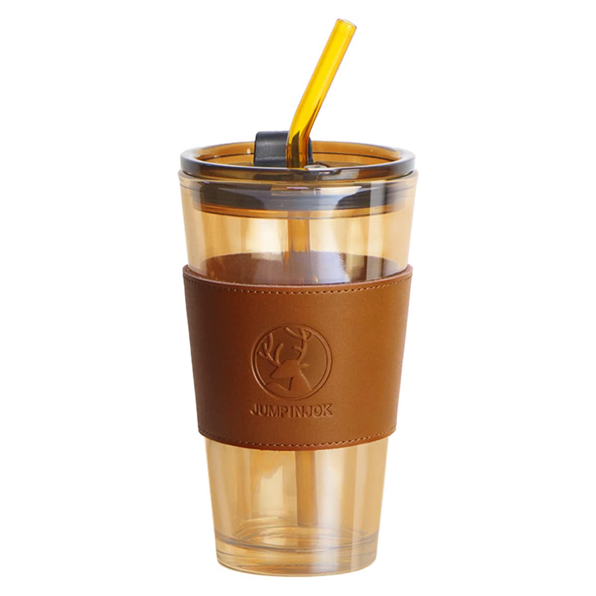 JUMPINJOK 15oz Glass Coffee Tumbler with Straw and Lid Sealed Carry on, Glass Iced Coffee Cup, Leak-Proof Glass Tumbler Cup, Reusable Smoothie Mugs for Cold & Hot Drinks, Coffee, Tea, Shake (Amber)