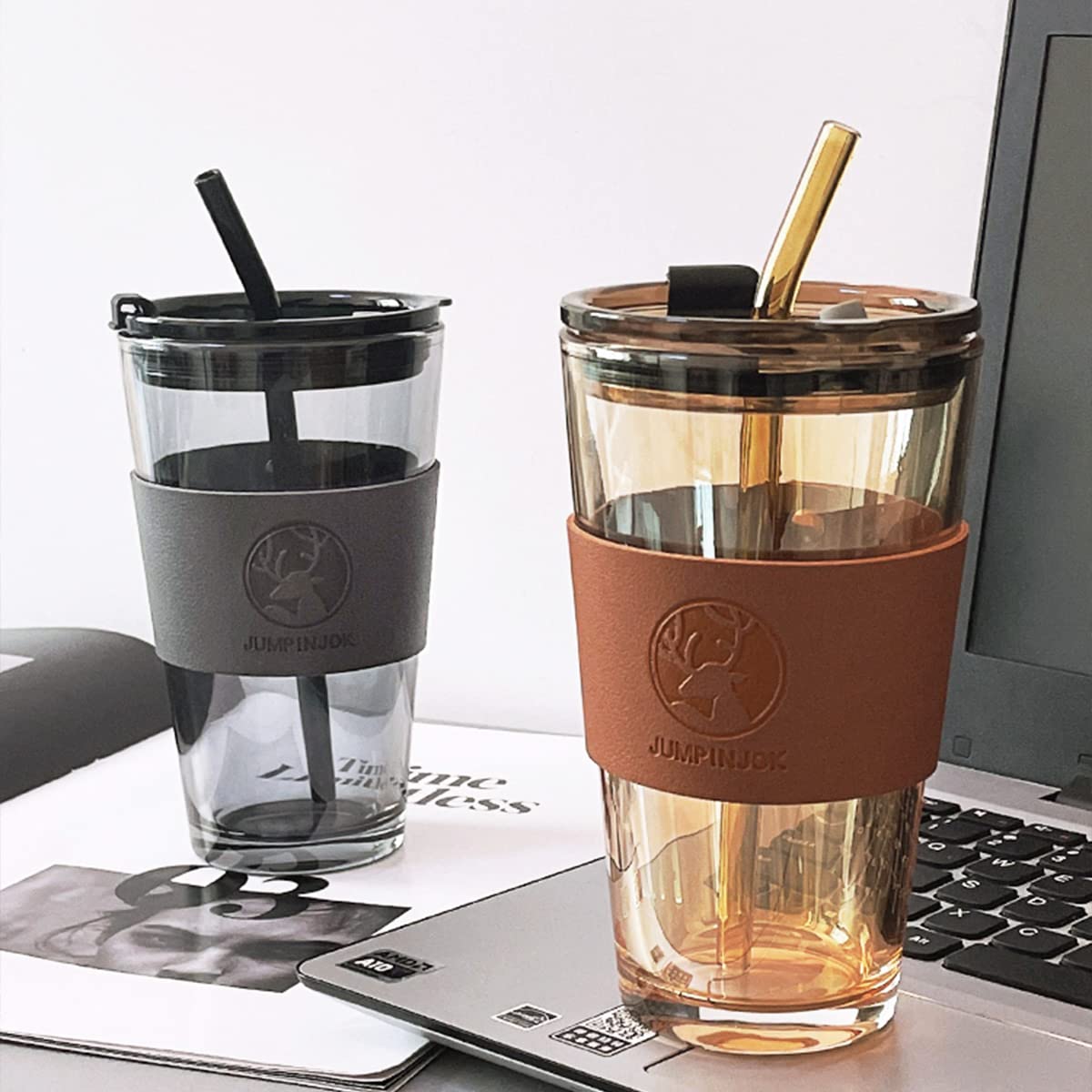 JUMPINJOK 15oz Glass Coffee Tumbler with Straw and Lid Sealed Carry on, Glass Iced Coffee Cup, Leak-Proof Glass Tumbler Cup, Reusable Smoothie Mugs for Cold & Hot Drinks, Coffee, Tea, Shake (Amber)