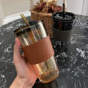 JUMPINJOK 15oz Glass Coffee Tumbler with Straw and Lid Sealed Carry on, Glass Iced Coffee Cup, Leak-Proof Glass Tumbler Cup, Reusable Smoothie Mugs for Cold & Hot Drinks, Coffee, Tea, Shake (Amber)