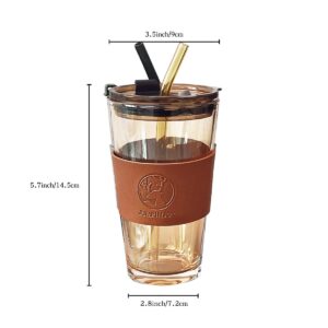 JUMPINJOK 15oz Glass Coffee Tumbler with Straw and Lid Sealed Carry on, Glass Iced Coffee Cup, Leak-Proof Glass Tumbler Cup, Reusable Smoothie Mugs for Cold & Hot Drinks, Coffee, Tea, Shake (Amber)