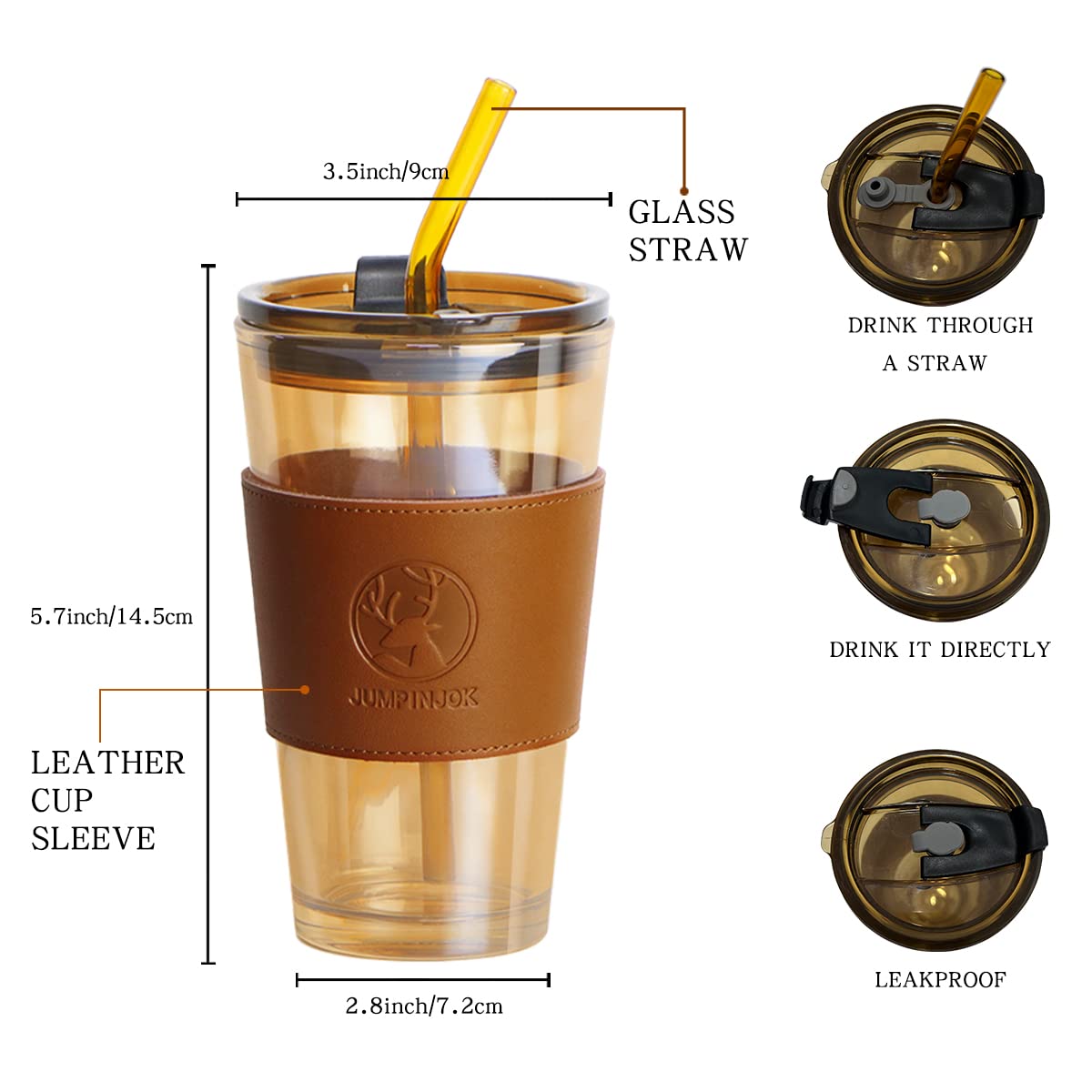 JUMPINJOK 15oz Glass Coffee Tumbler with Straw and Lid Sealed Carry on, Glass Iced Coffee Cup, Leak-Proof Glass Tumbler Cup, Reusable Smoothie Mugs for Cold & Hot Drinks, Coffee, Tea, Shake (Amber)