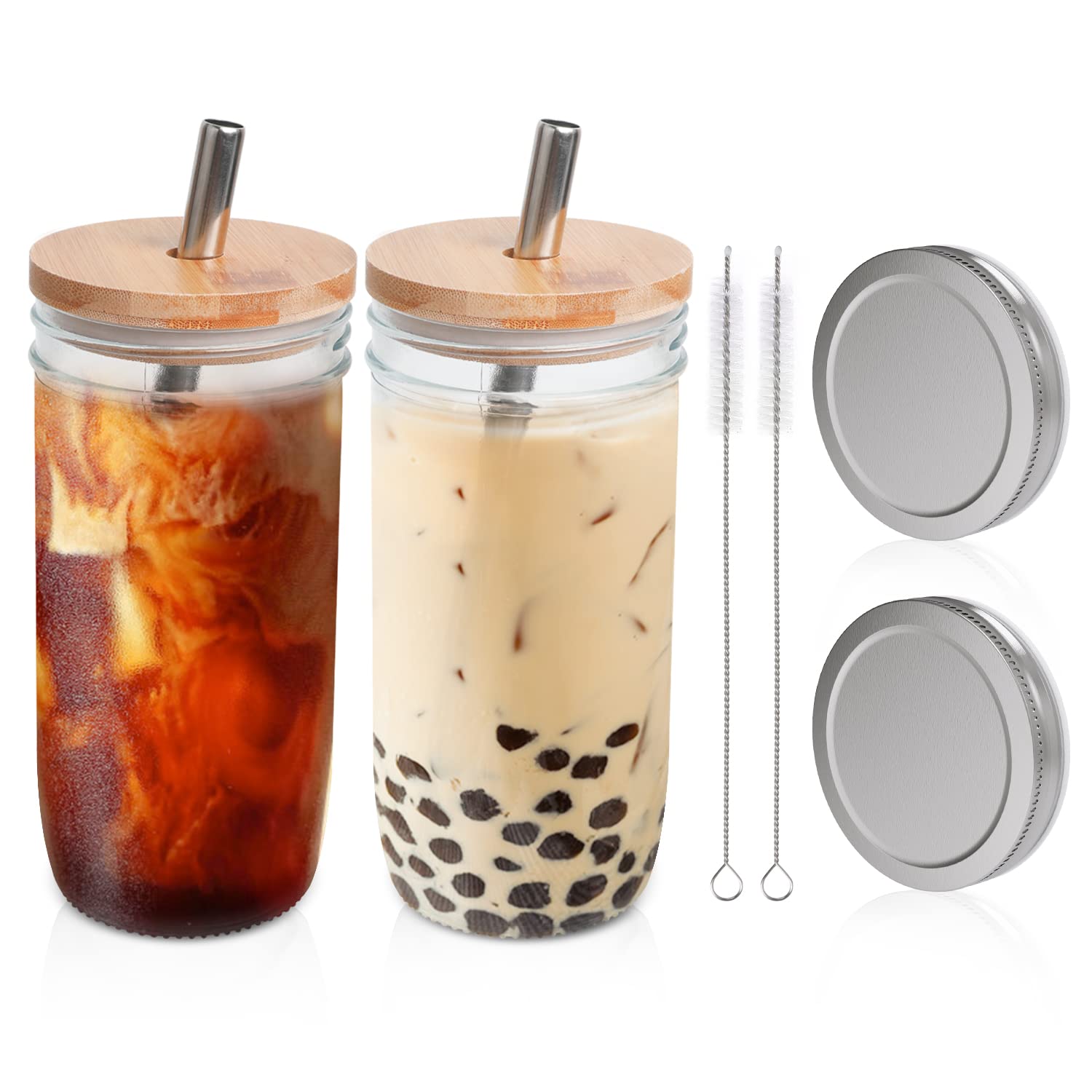 MCleanPin 24OZ Glass Cups with Lids and Straws,Iced Coffee Cups with Lids,Reusable Boba Cups,Smoothie Cups,Mason Jars Cups with Lids and Straws,Drinking Glasses Cups,Glass Tumbler for Travel