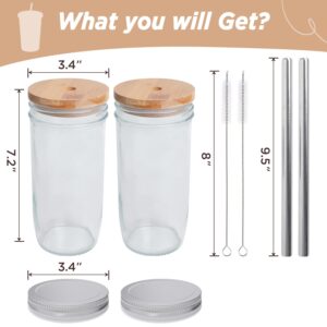 MCleanPin 24OZ Glass Cups with Lids and Straws,Iced Coffee Cups with Lids,Reusable Boba Cups,Smoothie Cups,Mason Jars Cups with Lids and Straws,Drinking Glasses Cups,Glass Tumbler for Travel